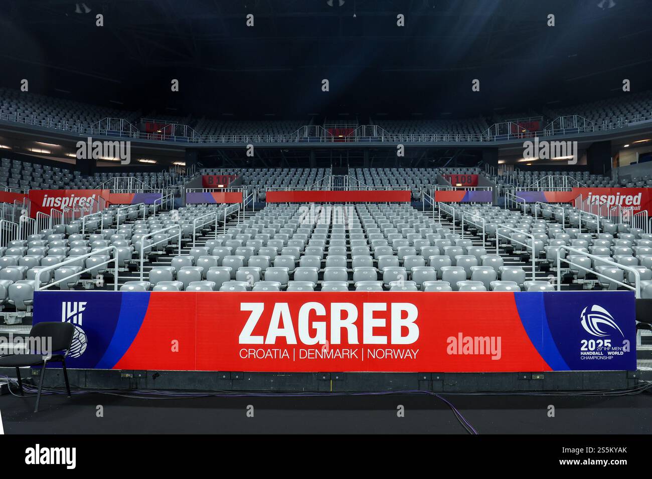 A general view shows the spectator stand and the field of play at Arena ...