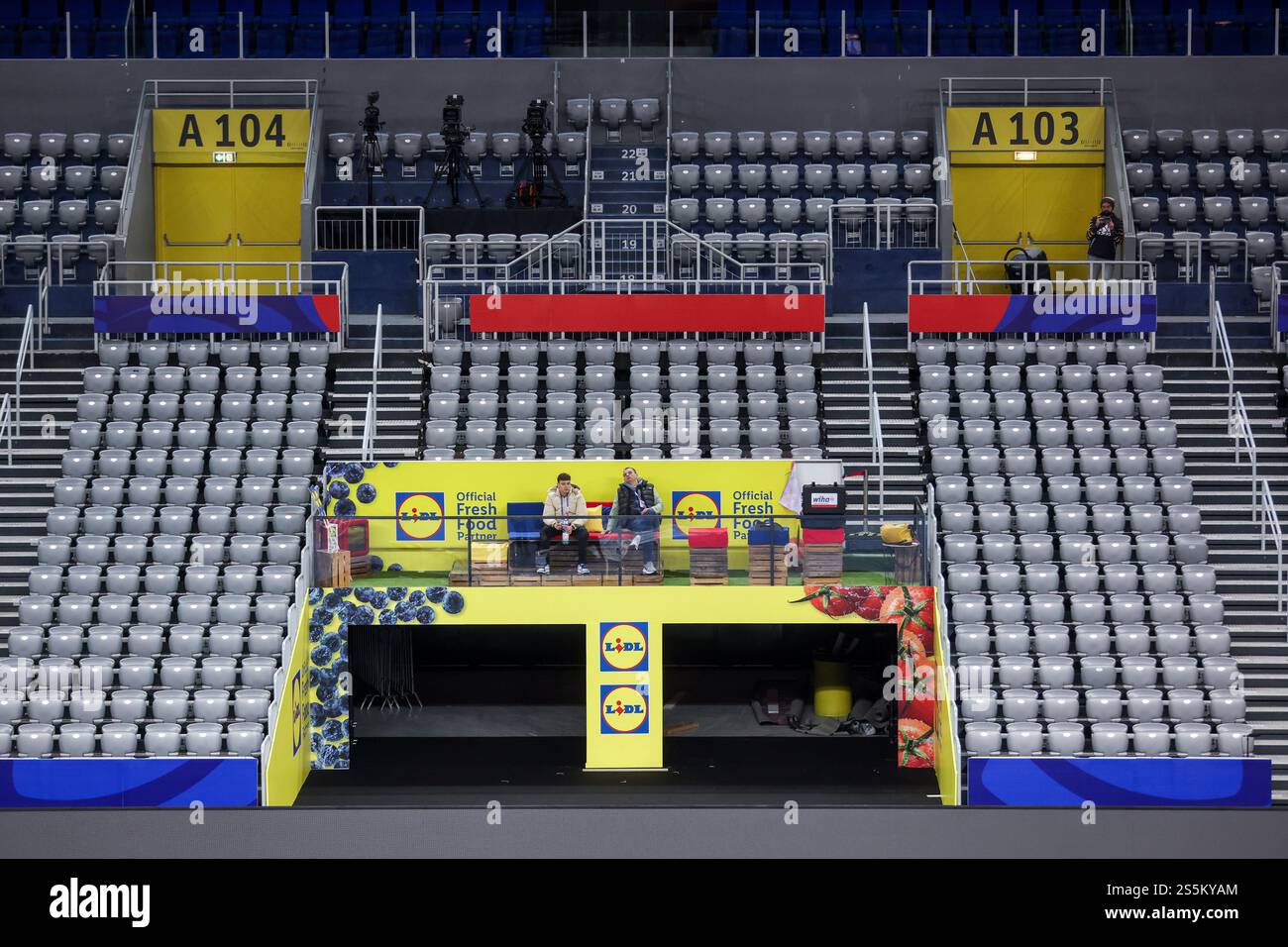 A general view shows the spectator stand and the field of play at Arena ...