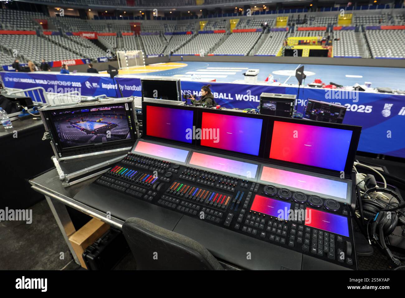 A general view shows the spectator stand and the field of play at Arena ...