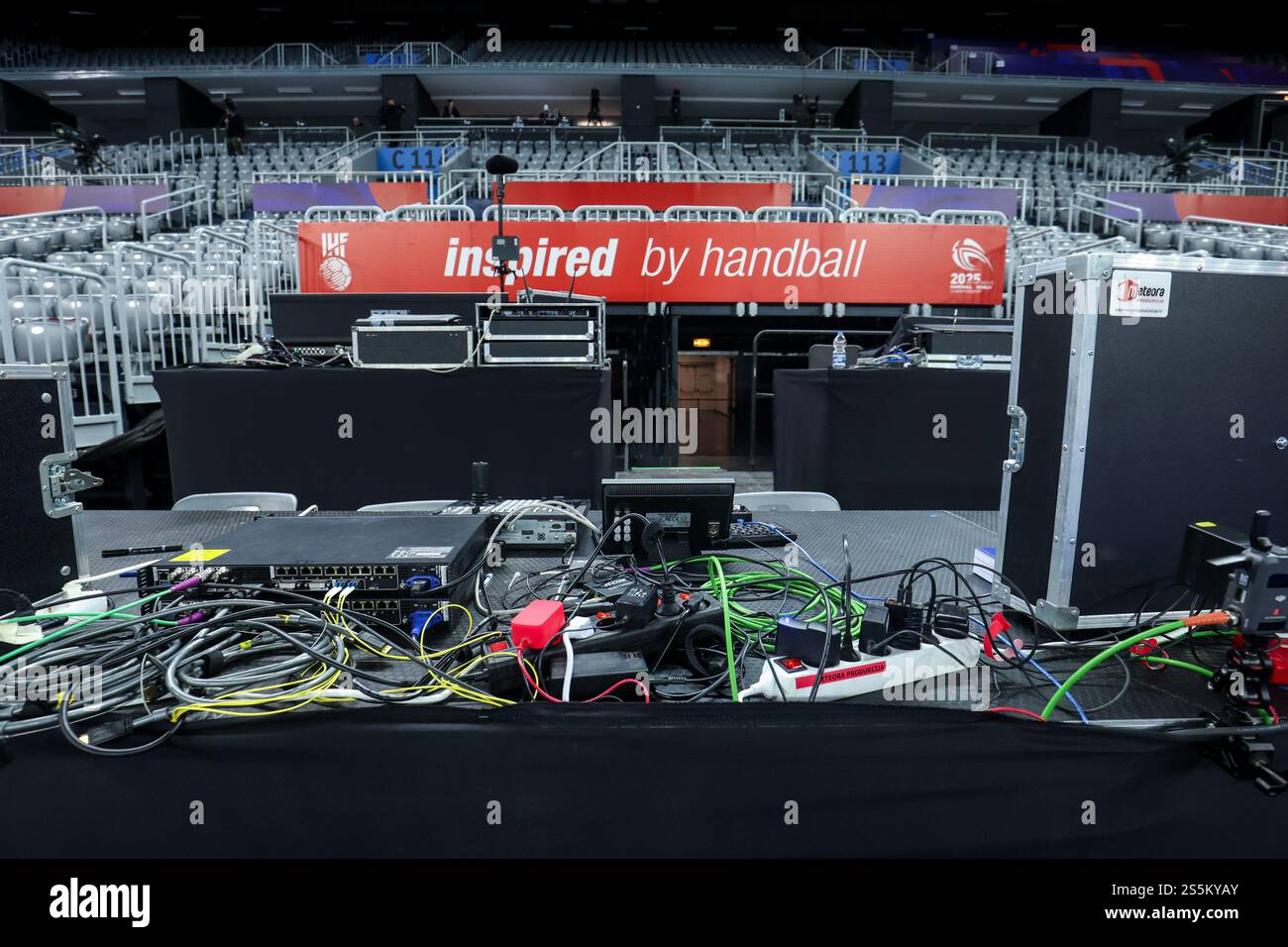 A general view shows the spectator stand and the field of play at Arena ...