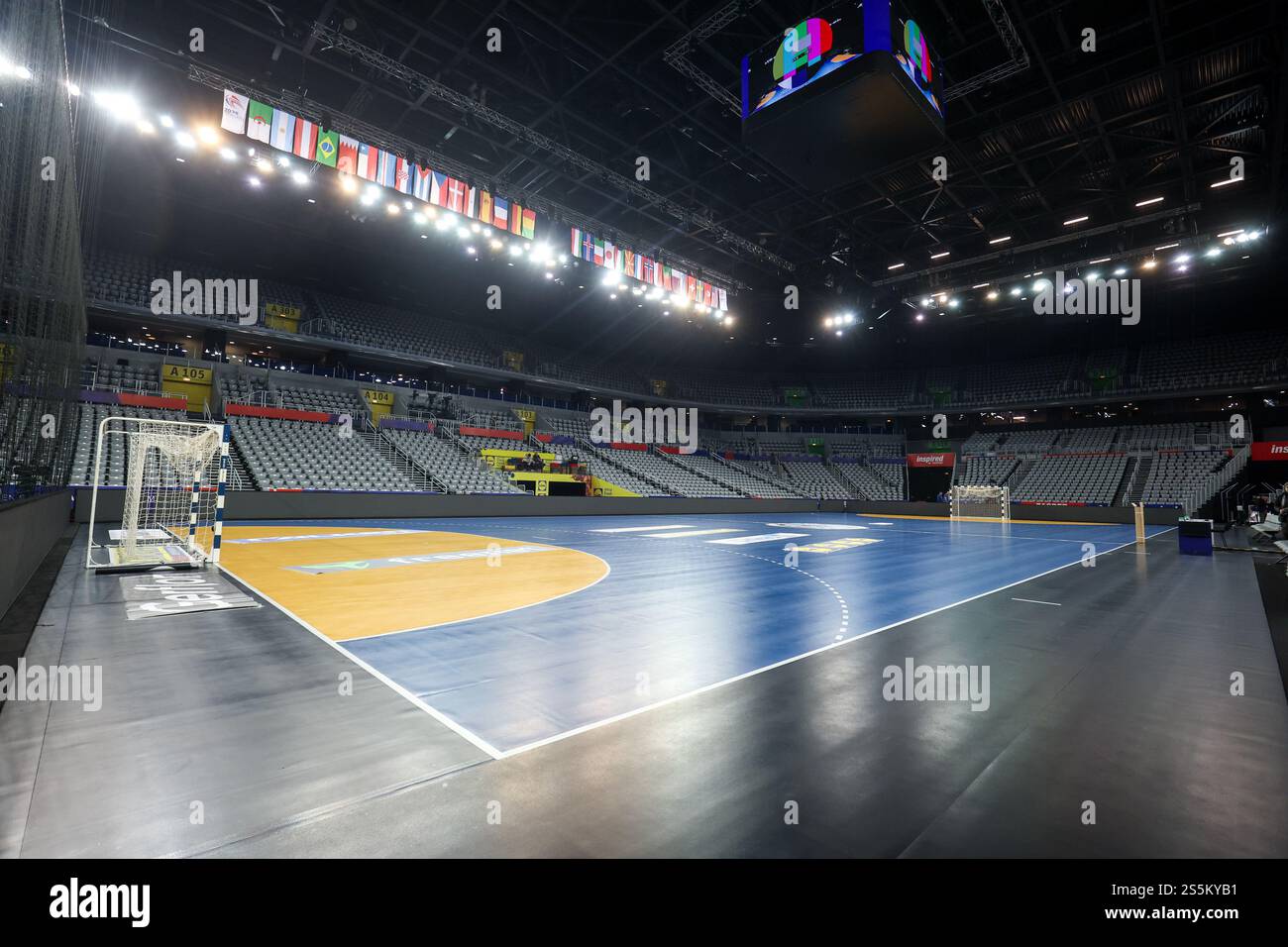 A general view shows the spectator stand and the field of play at Arena ...