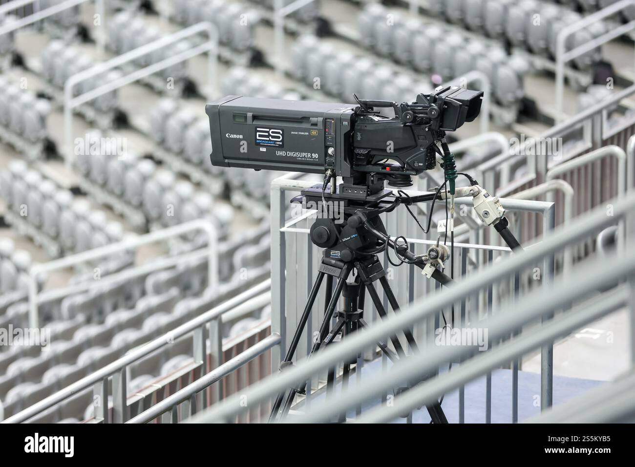 A general view shows the spectator stand and the field of play at Arena ...