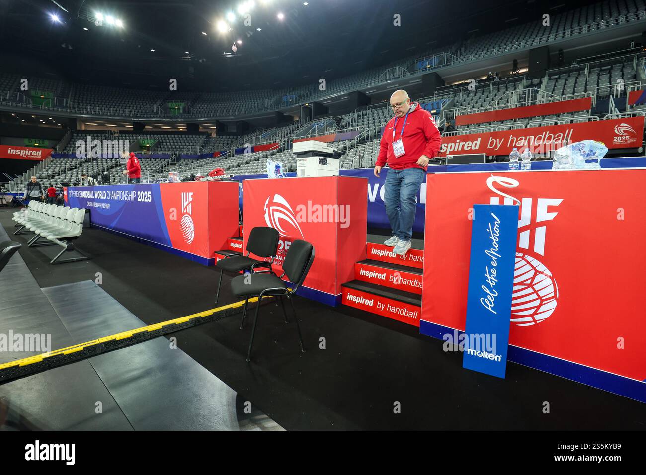 A general view shows the spectator stand and the field of play at Arena ...