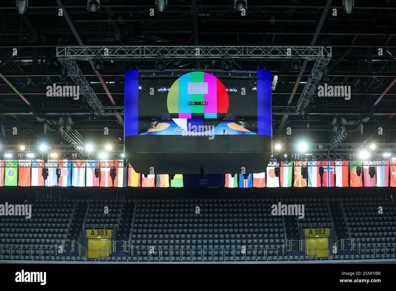 A general view shows the spectator stand and the field of play at Arena ...