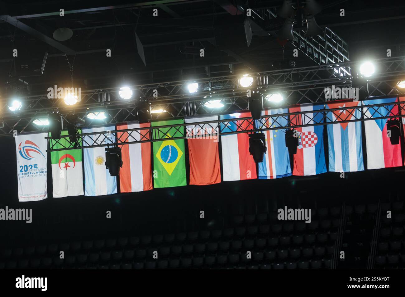 A general view shows the spectator stand and the field of play at Arena ...