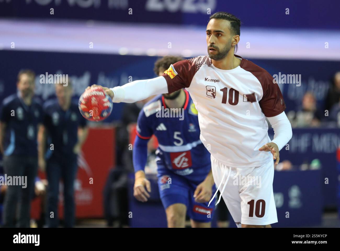 POREC, CROATIA - JANUARY 14: Frankis Marzo of Qatar in action during the 2025 IHF Men's handball ...