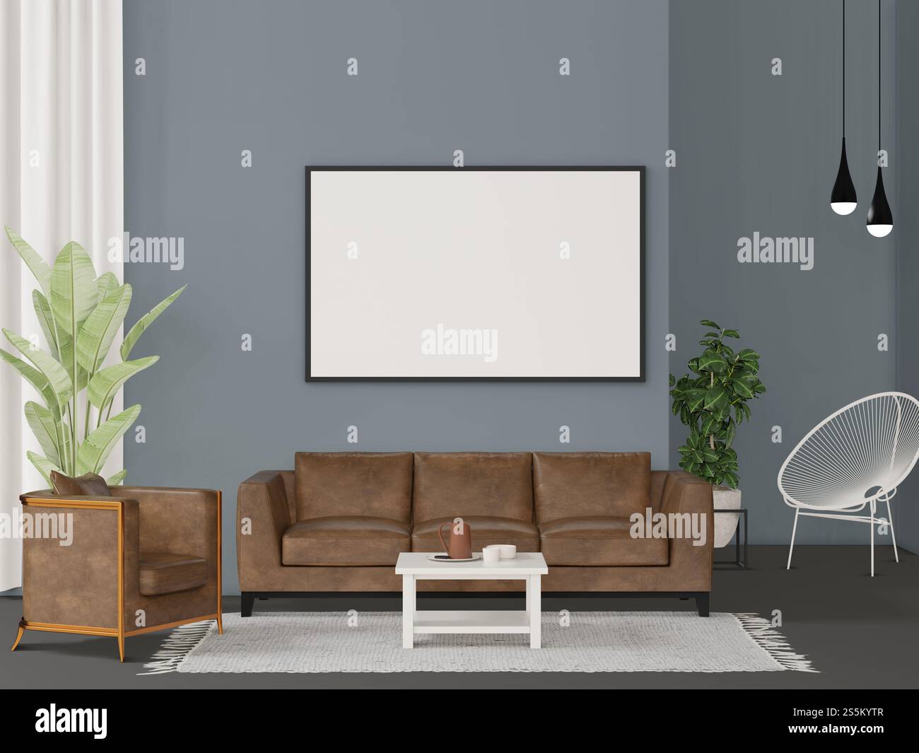 3D illustration Interior with leather coach and ceiling lamp, the blank ...