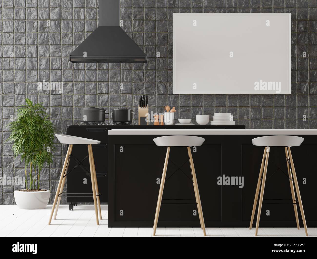 3D illustration with Kitchen counter and dinning room interior design ...
