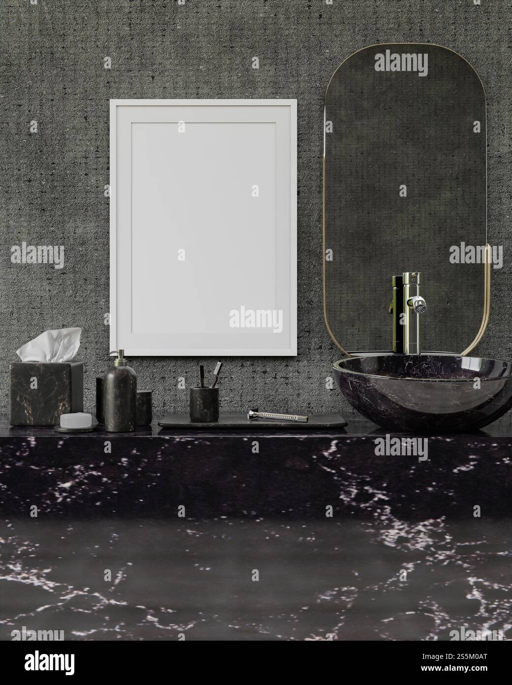 3D illustration The bathroom consists of wash basin on marble counter ...