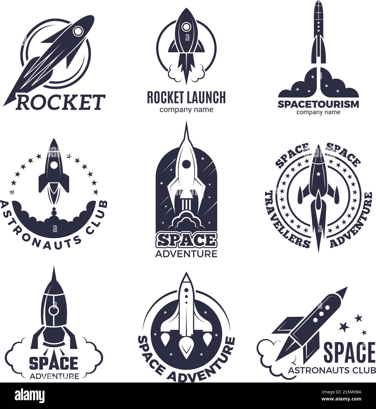 Space logotypes. Rockets and flight shuttle moon discovery business ...