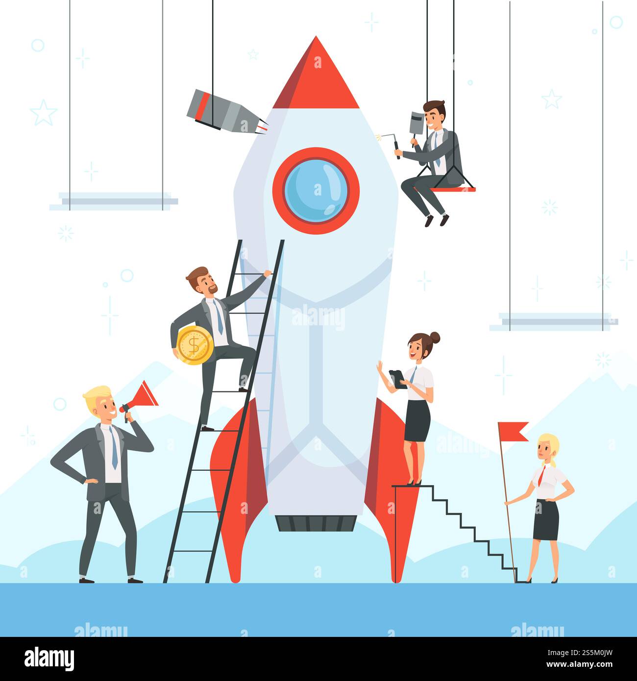 Startup concept. Business characters launch new project shuttle rocket ...