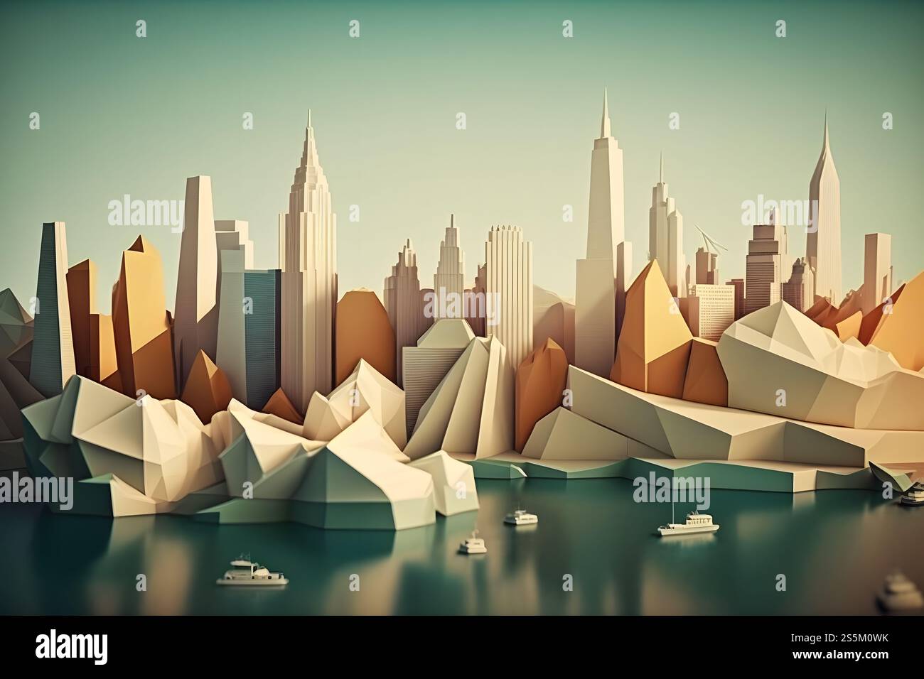 View of the city of New York from paper in the style of origami. Neural ...
