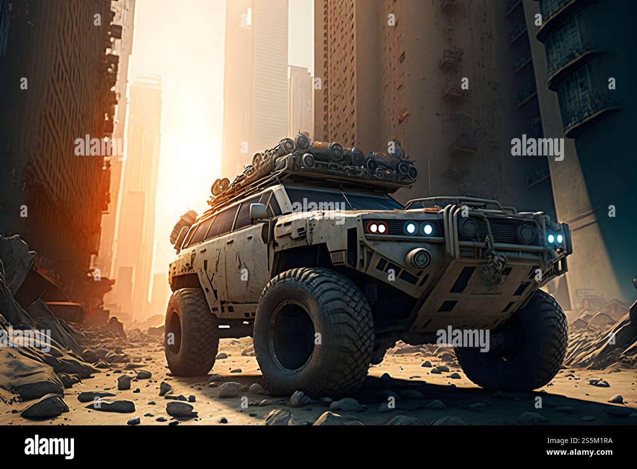Modern futuristic off-road SUV car with turret in city center. Neural ...