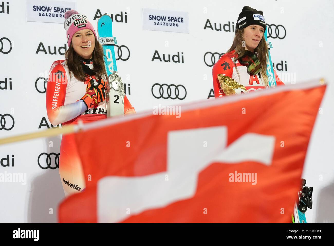 Switzerland's Camille Rast, right, and celebrates with second placed ...