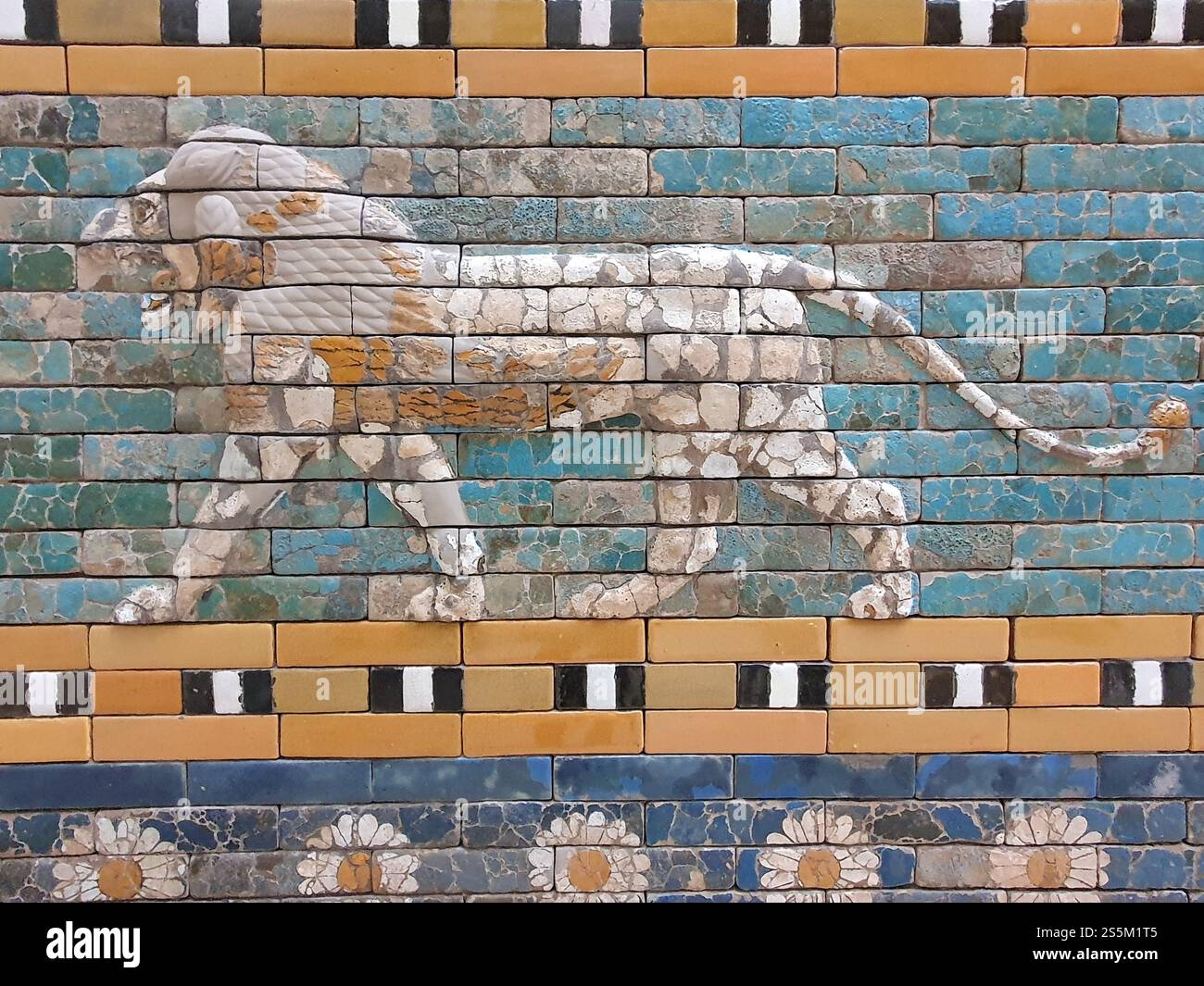 Close up detail of an ancient Babylonian mosaic wall with a majestic ...