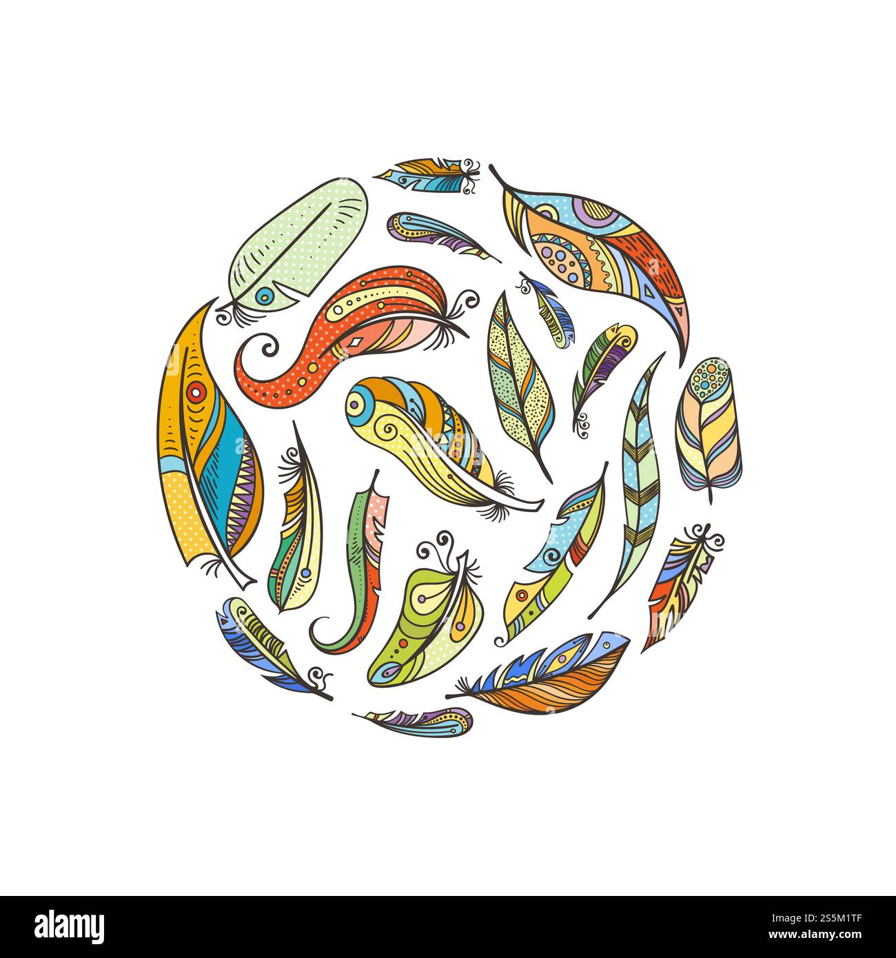Vector boho doodle feathers in circle shape illustration isolated on white. Vector boho doodle ...