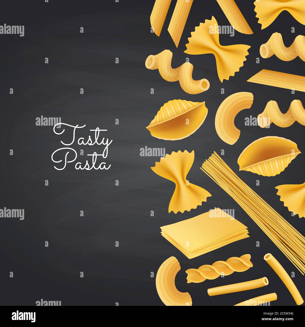Vector banner with realistic pasta types on black chalkboard background ...