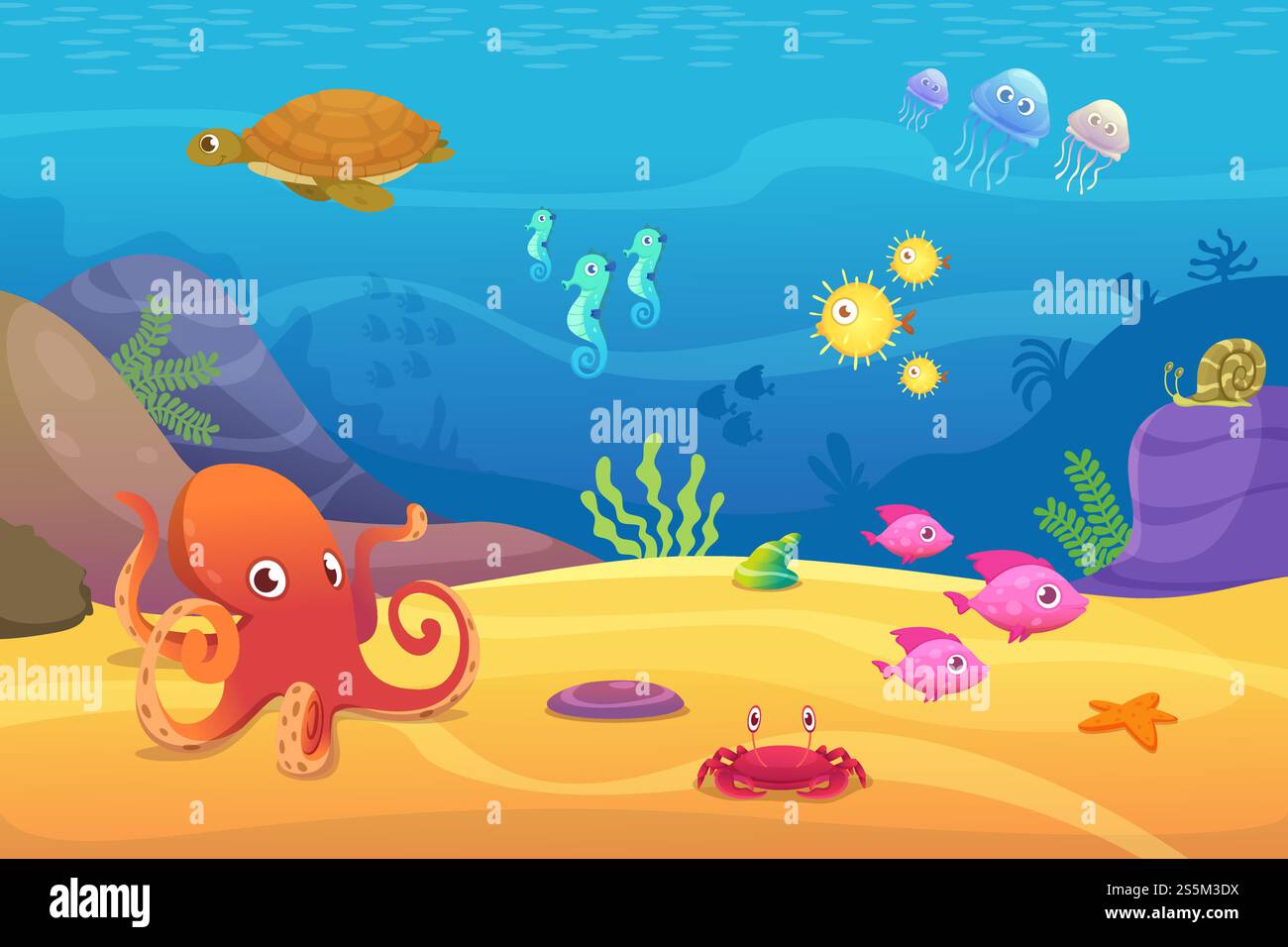 Underwater life. Aquarium cartoon fish ocean and sea animals vector ...
