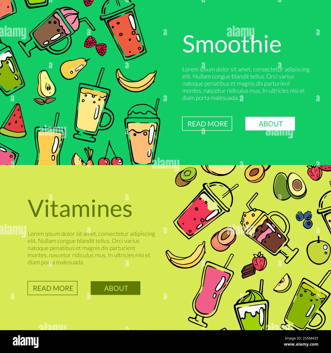 Vector doodle smoothie web banner templates illustration for drink cafe ...