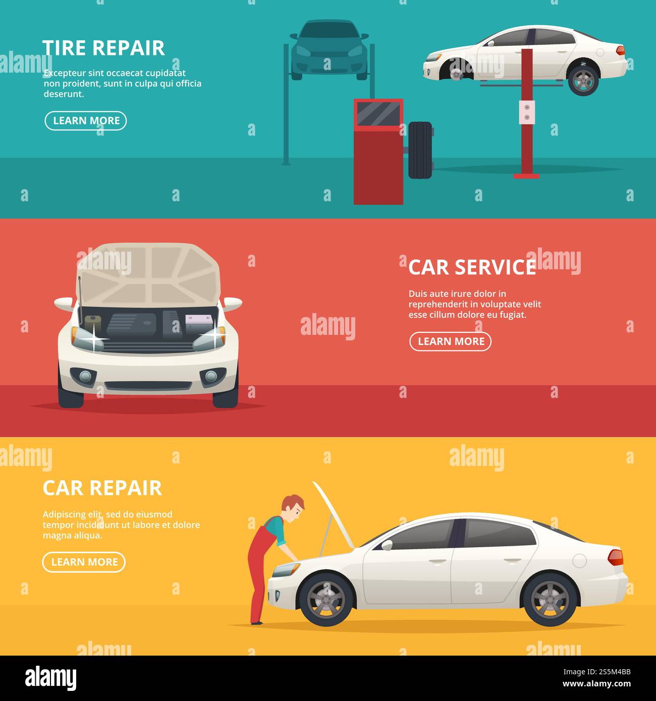 Car repair banners. Workers at automobile workshop service maintenance ...