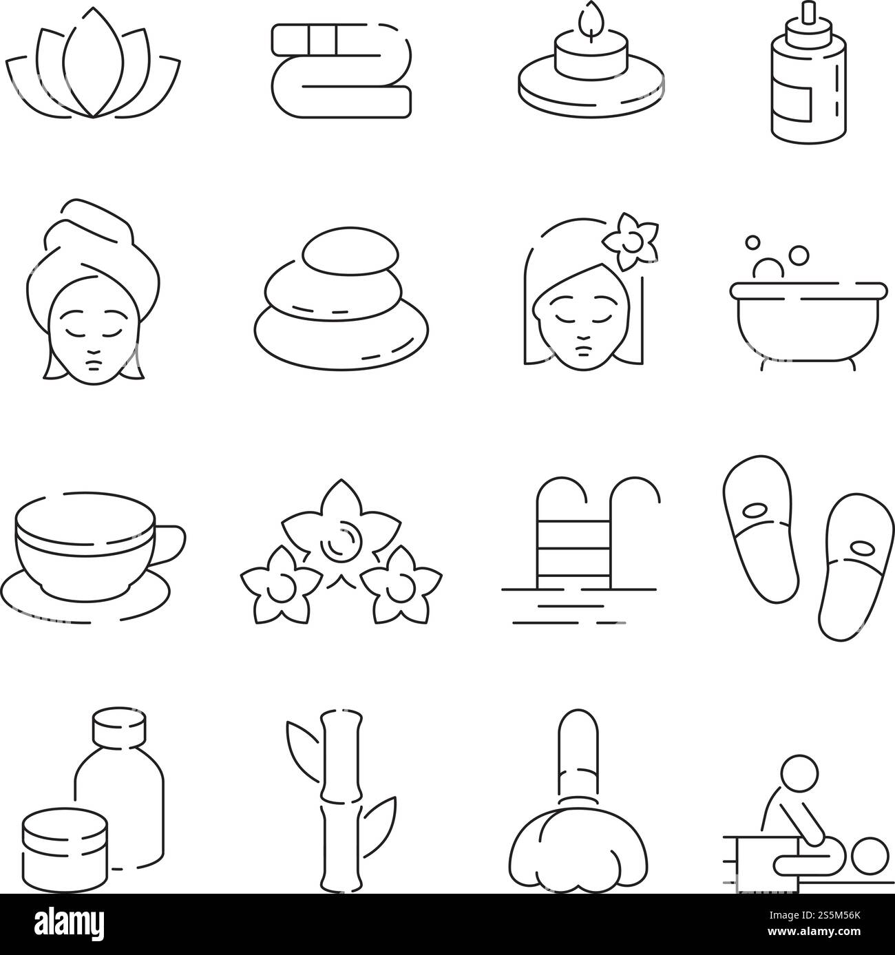 Spa icon set. Wellness therapy massage woman relaxing sauna pool with ...