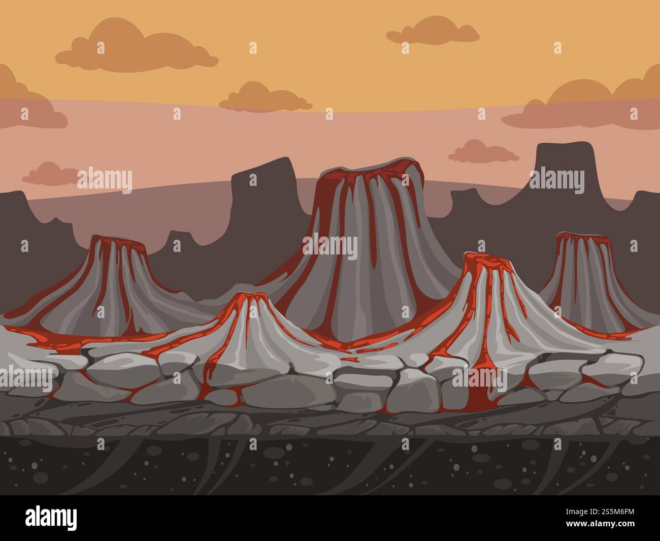 Volcanoes seamless game background. Rockie ground with stones ...