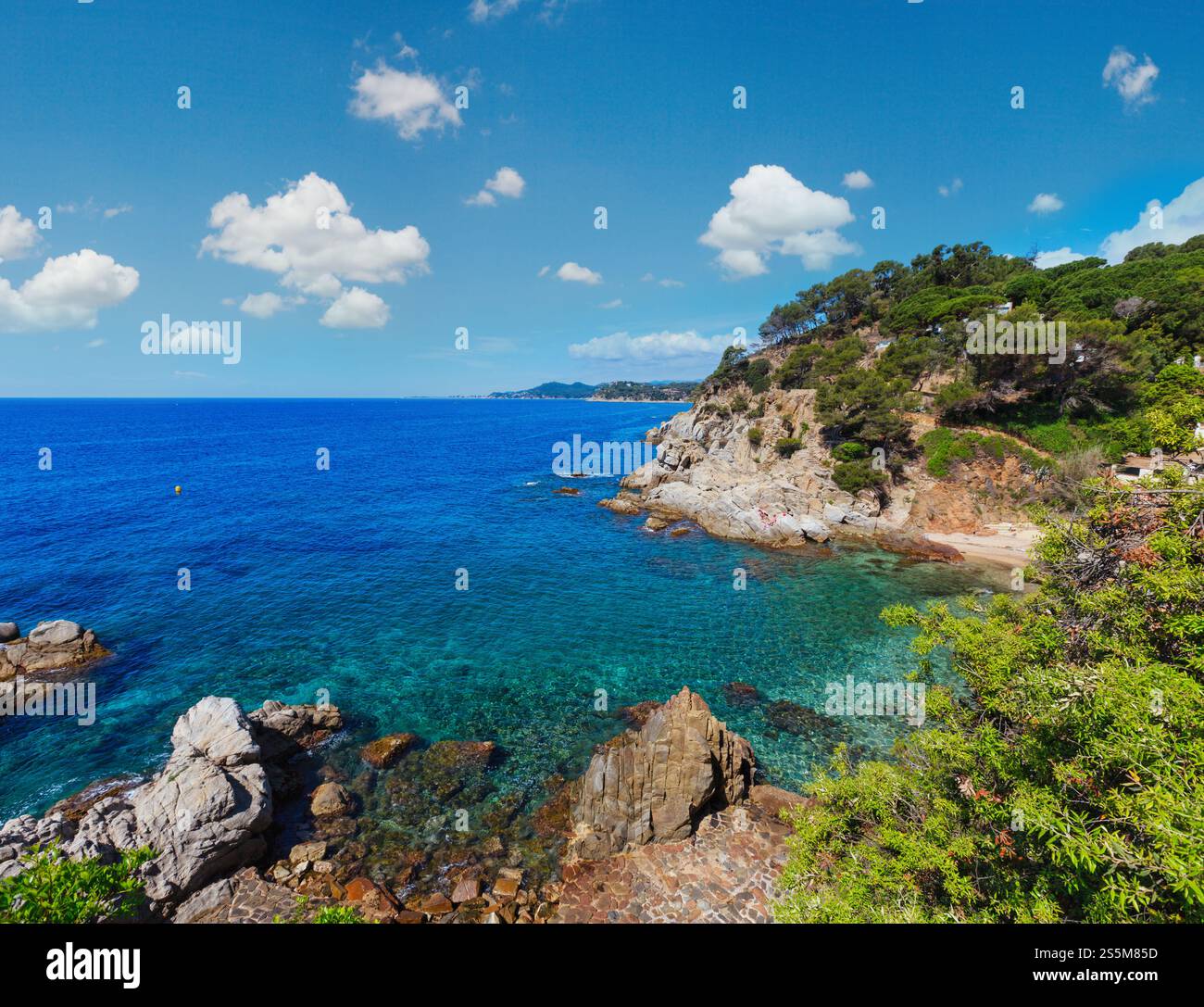 Summer sea rocky coast view with trees and beach (Catalonia, Costa ...