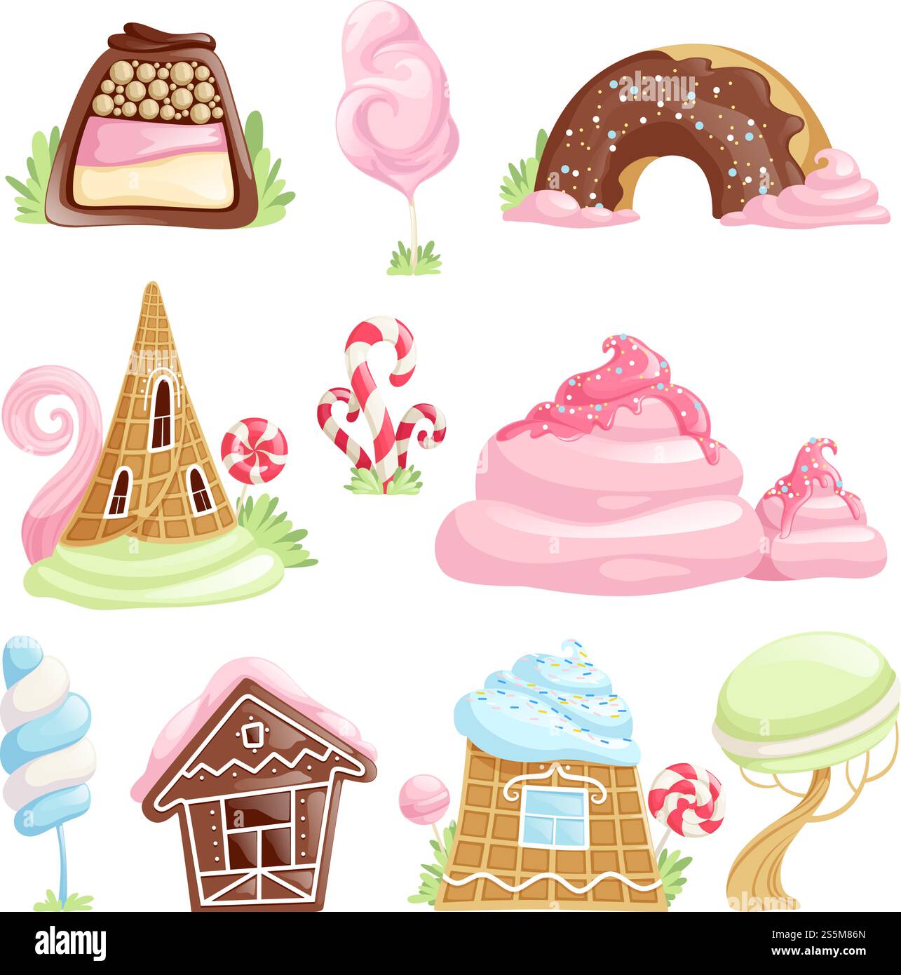 Fantasy desserts. Chocolate caramel biscuits jelly candies lollipop ...