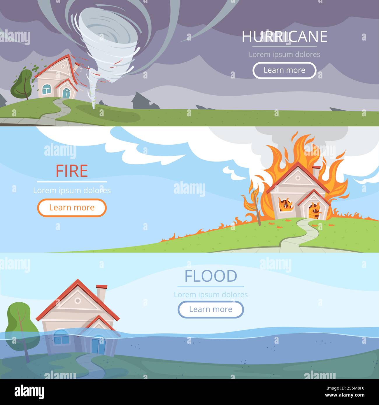 Disaster weather banners. Tsunami volcano wind storm rain house damage ...