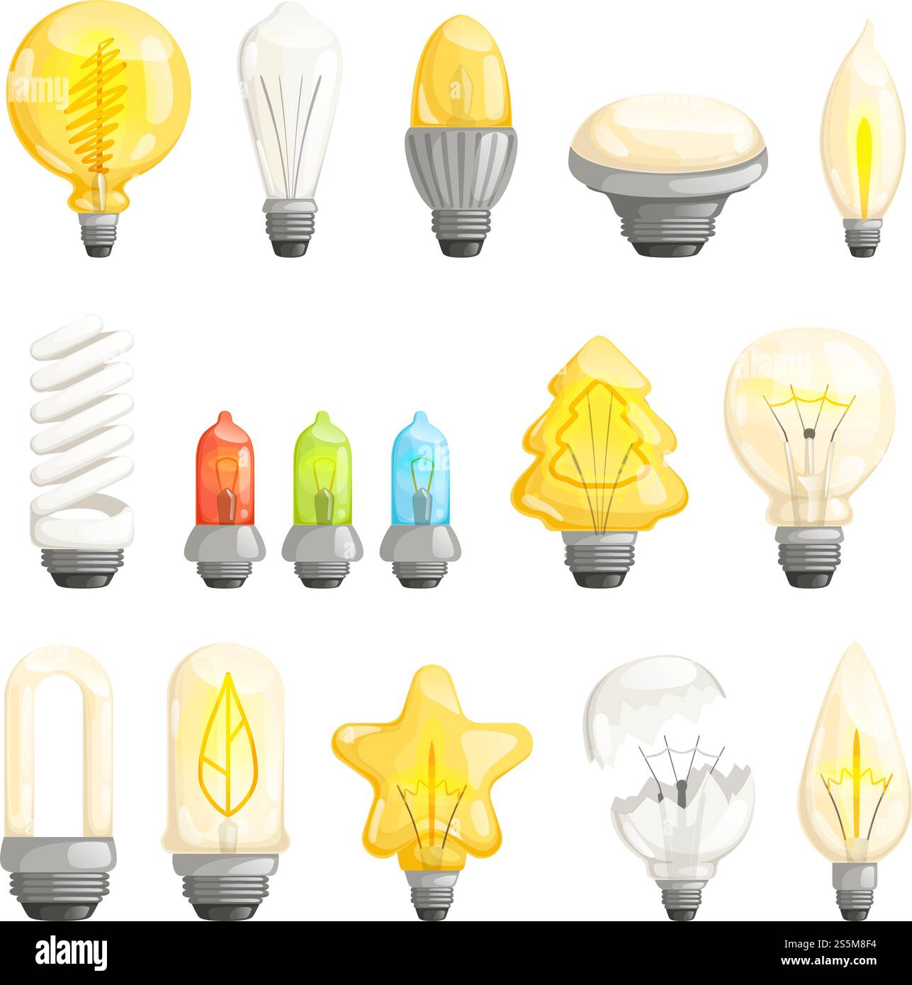 Light bulbs. Modern lamp save energy fluorescent lighted halogen vector ...