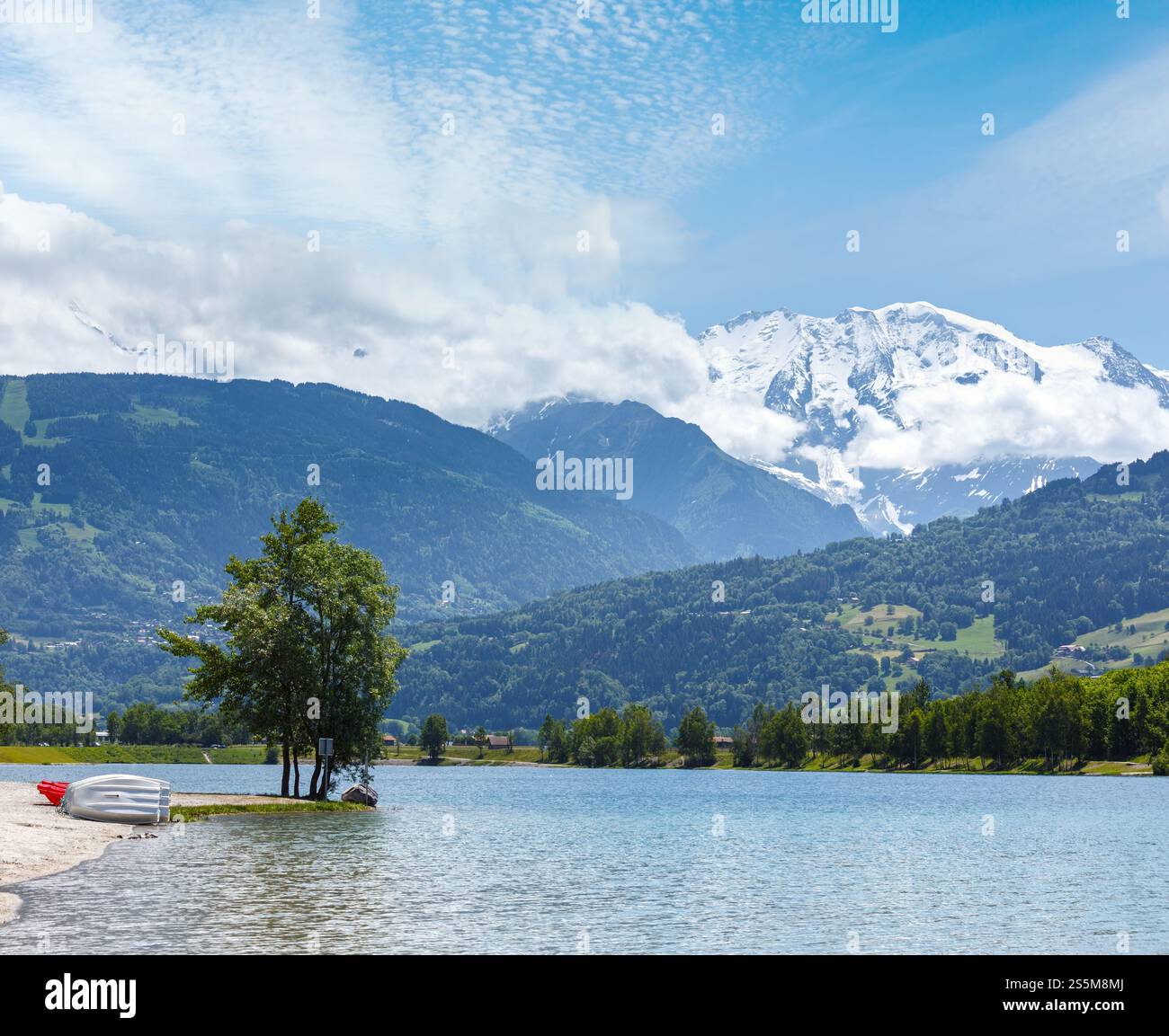 Lake Passy and Mont Blanc mountain massif summer view (Chamonix, France ...