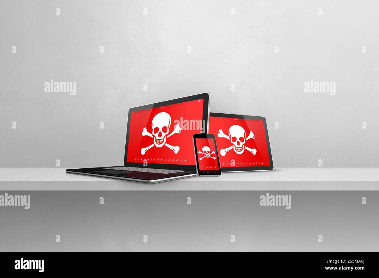 Laptop tablet pc and smartphone on a shelf with pirate symbols on ...