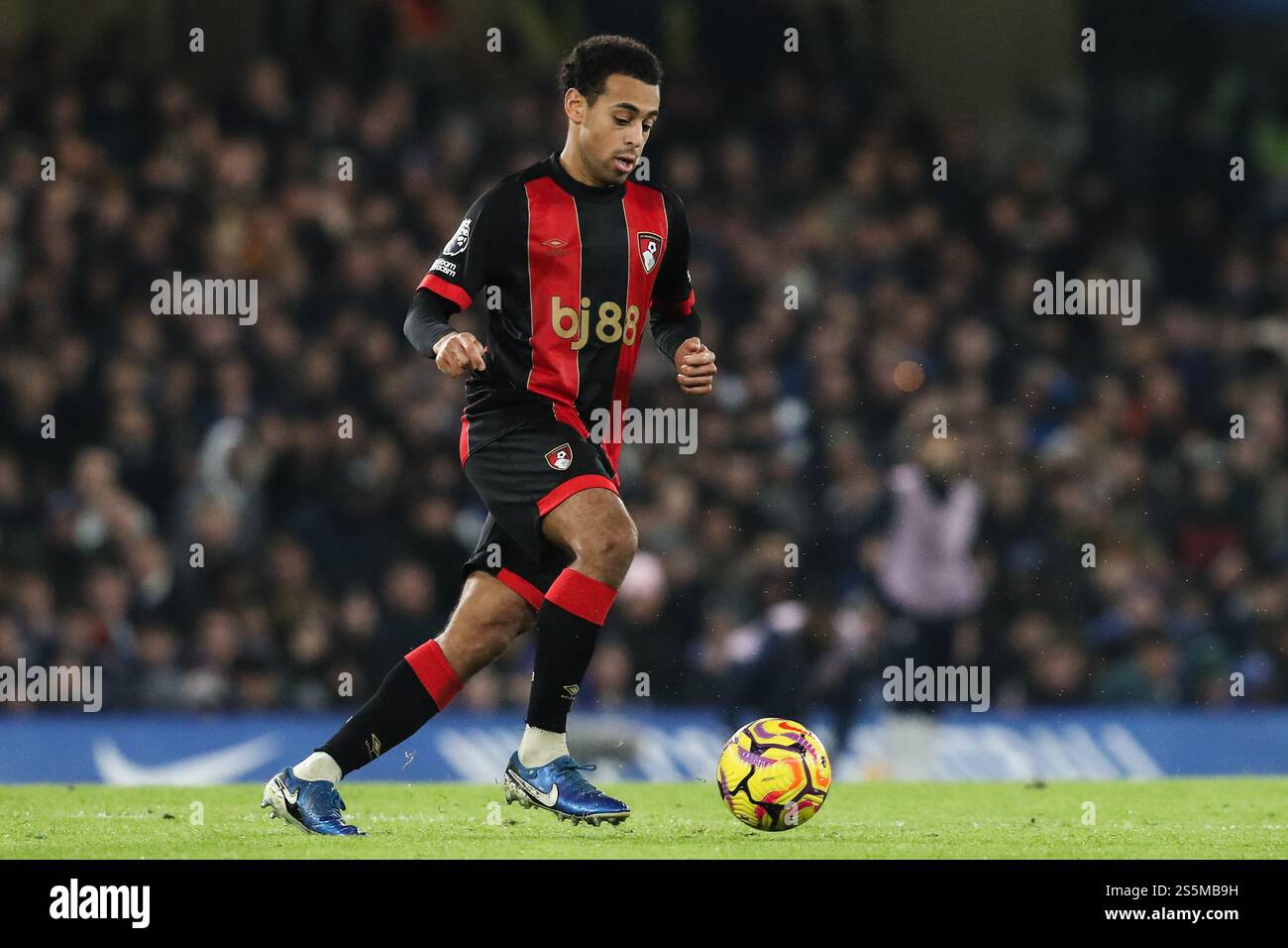 London, UK. 14th Jan, 2025. Tyler Adams of Bournemouth breaks with the ...
