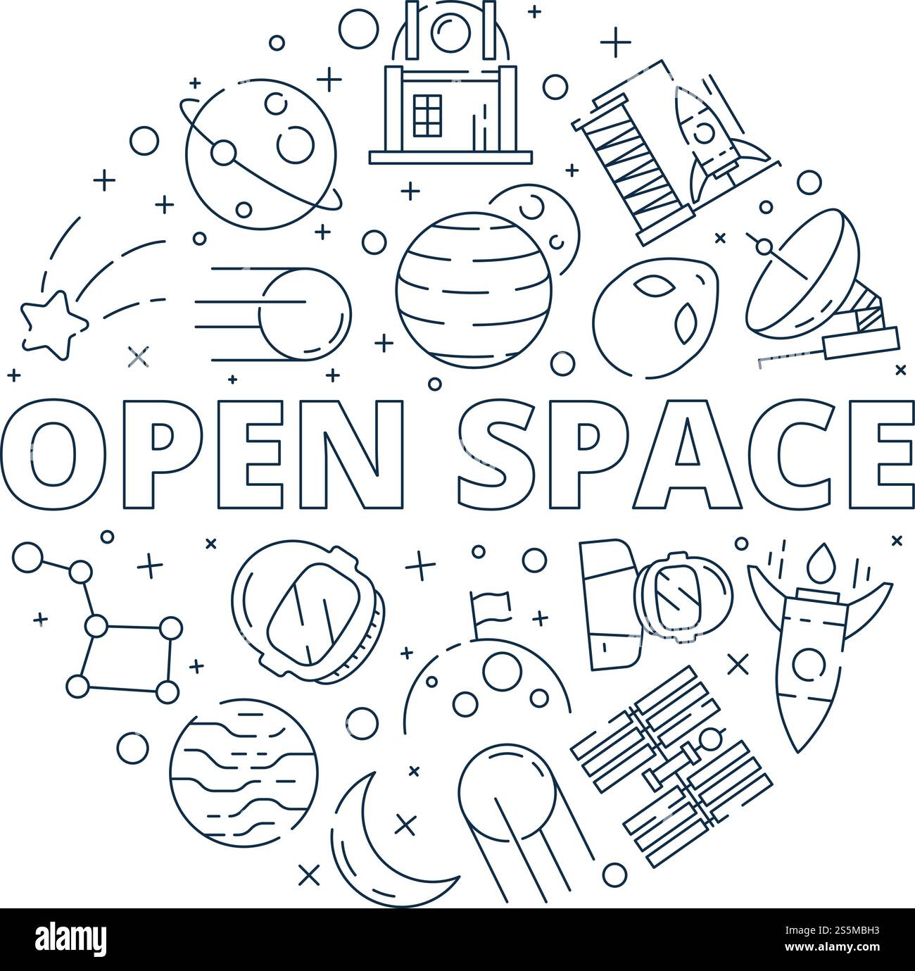 Space symbols. Universe galaxy astrology moon stars shuttle icons in ...