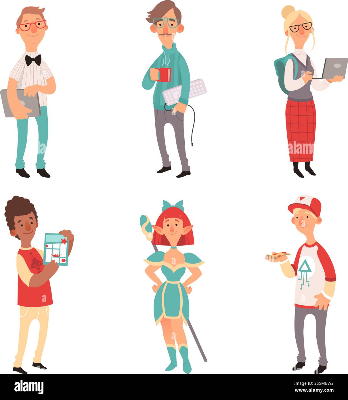 Geek characters. Girl and boys nerd computer technology lovers vector ...