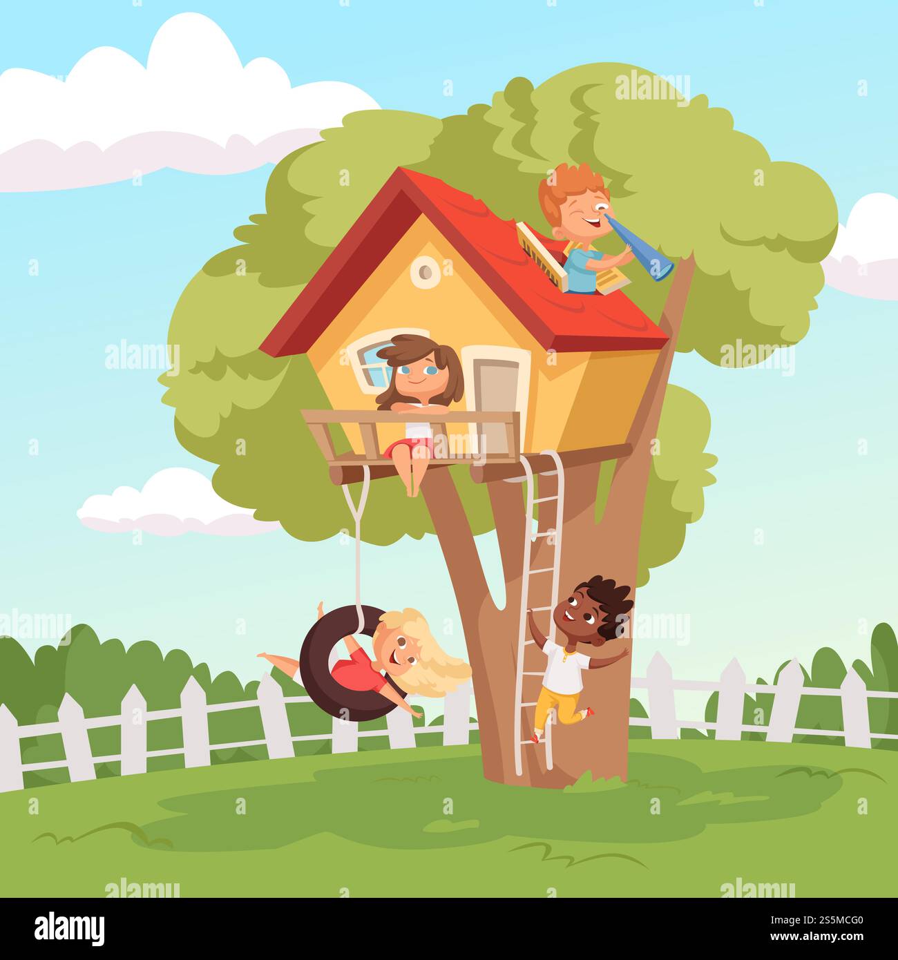 House on tree. Cute children playing in garden nature climbing vector ...