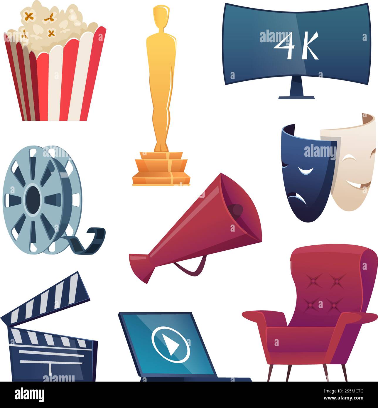 Cinema icons. Entertainment cartoon symbols 3d glasses snacks camera ...