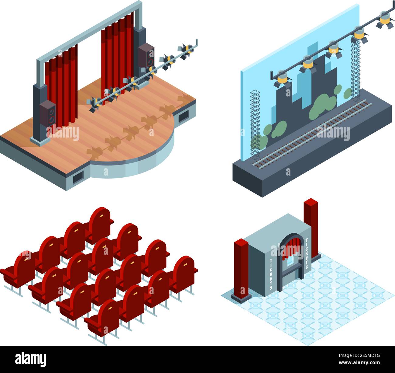 Theater stage isometric. Opera ballet hall interior red curtain actors ...