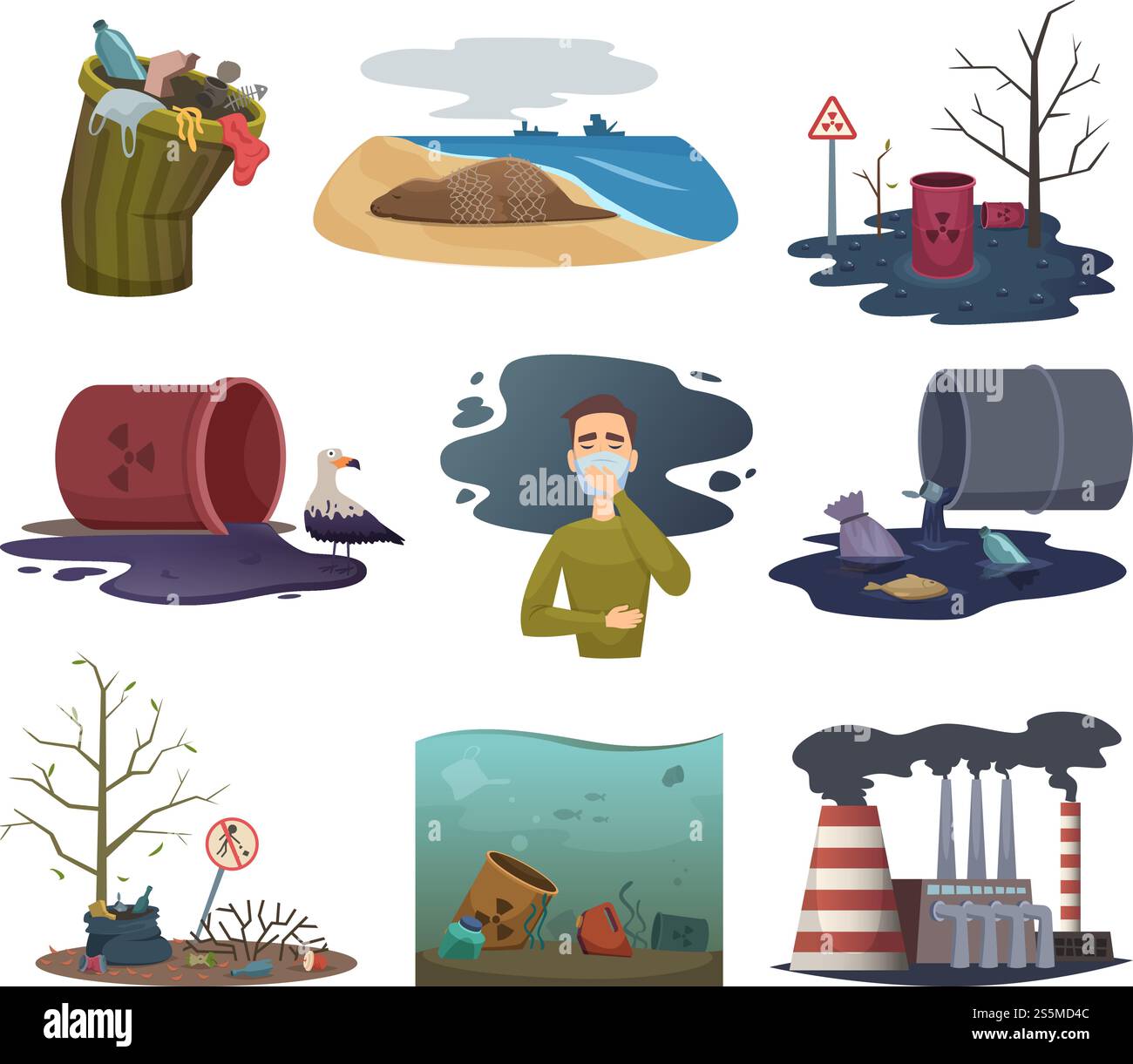 Nature pollution. Garden weather waste trash recycle environment pollution vector pictures ...