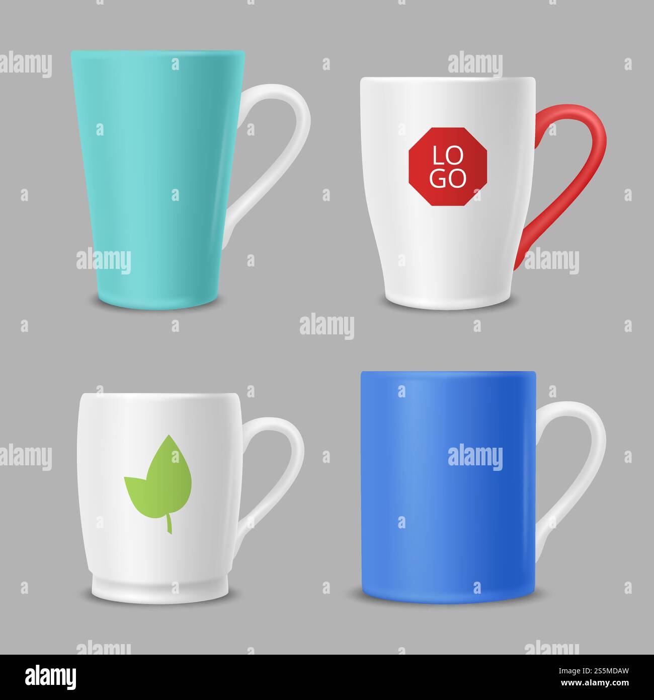 Mockup mugs. Business identity office cups with logos colored vector ...