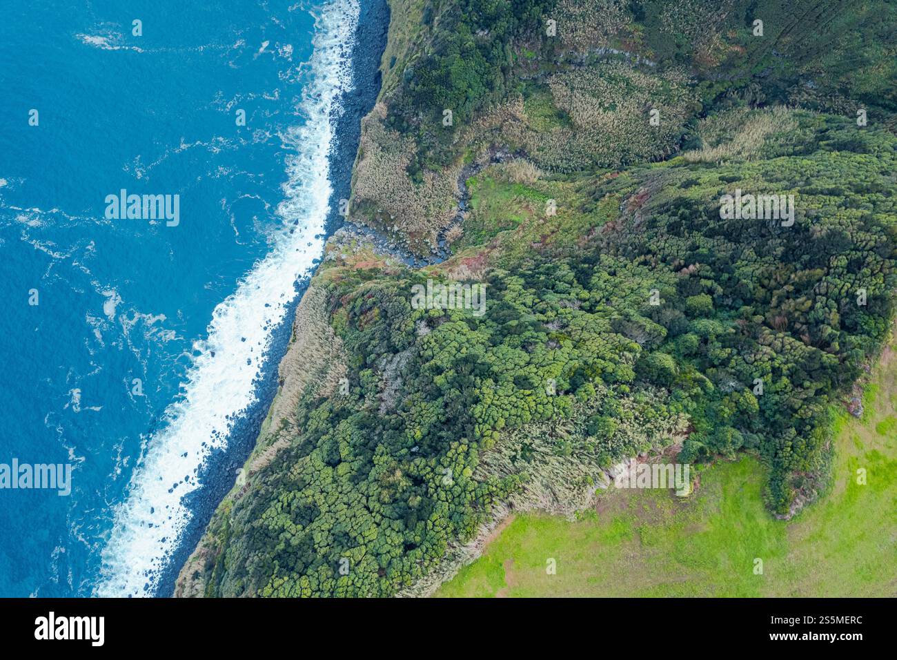 cliff on the north coast of Sao Miguel Island, Azores. Portugal. Aerial ...