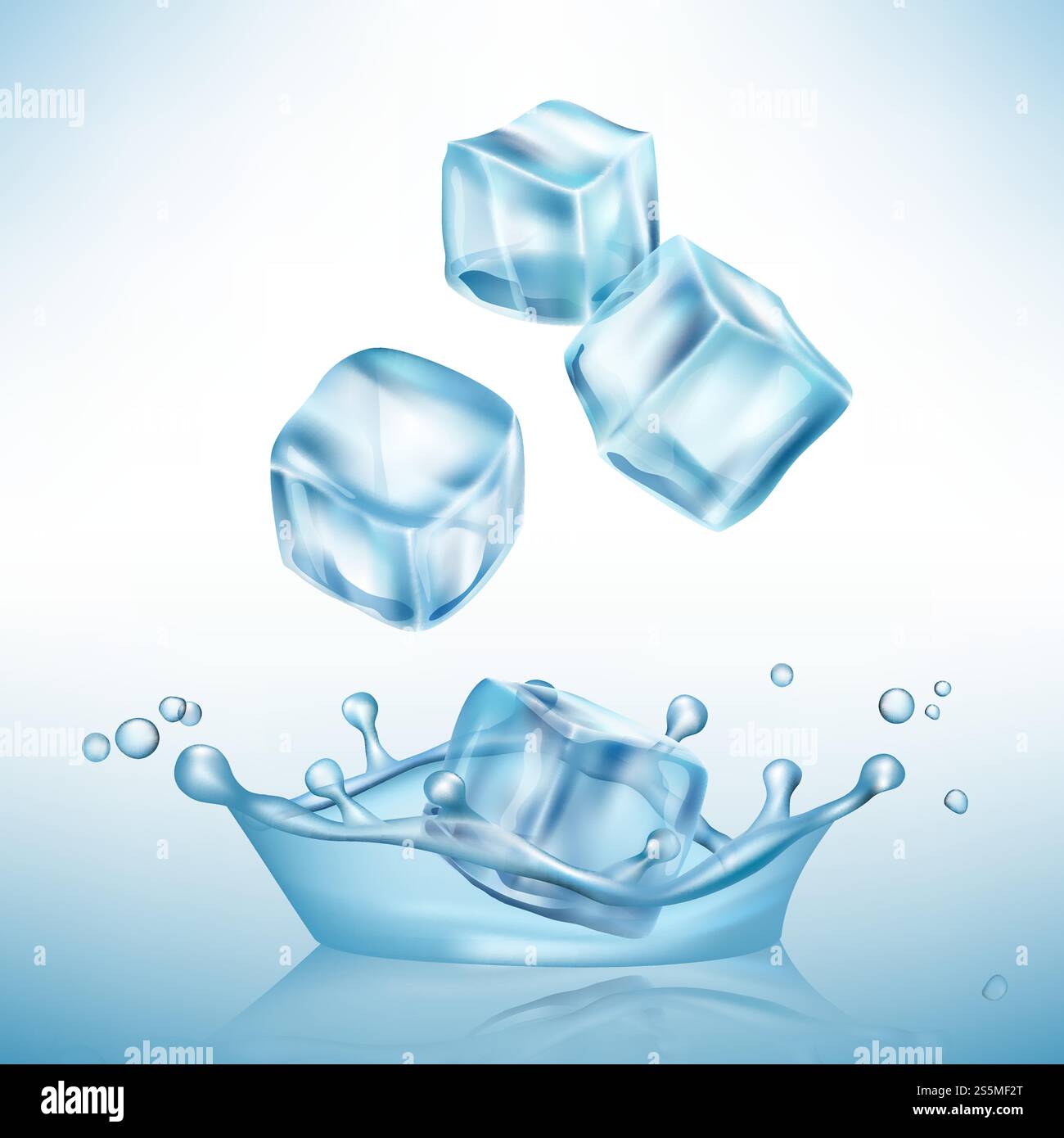 Ice splashes cube. Freeze water puddles and crystal clear ice cube ...