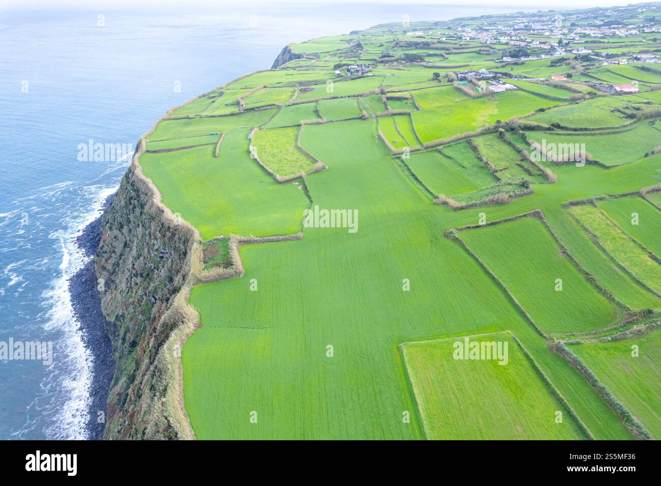 cliff on the north coast of Sao Miguel Island, Azores. Portugal. Aerial ...