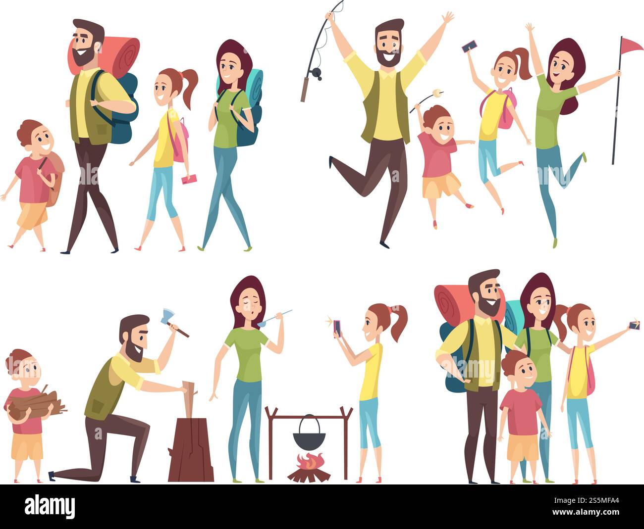Family traveling. Happy couples with kids hiking mountain exploring camping adventure vector ...