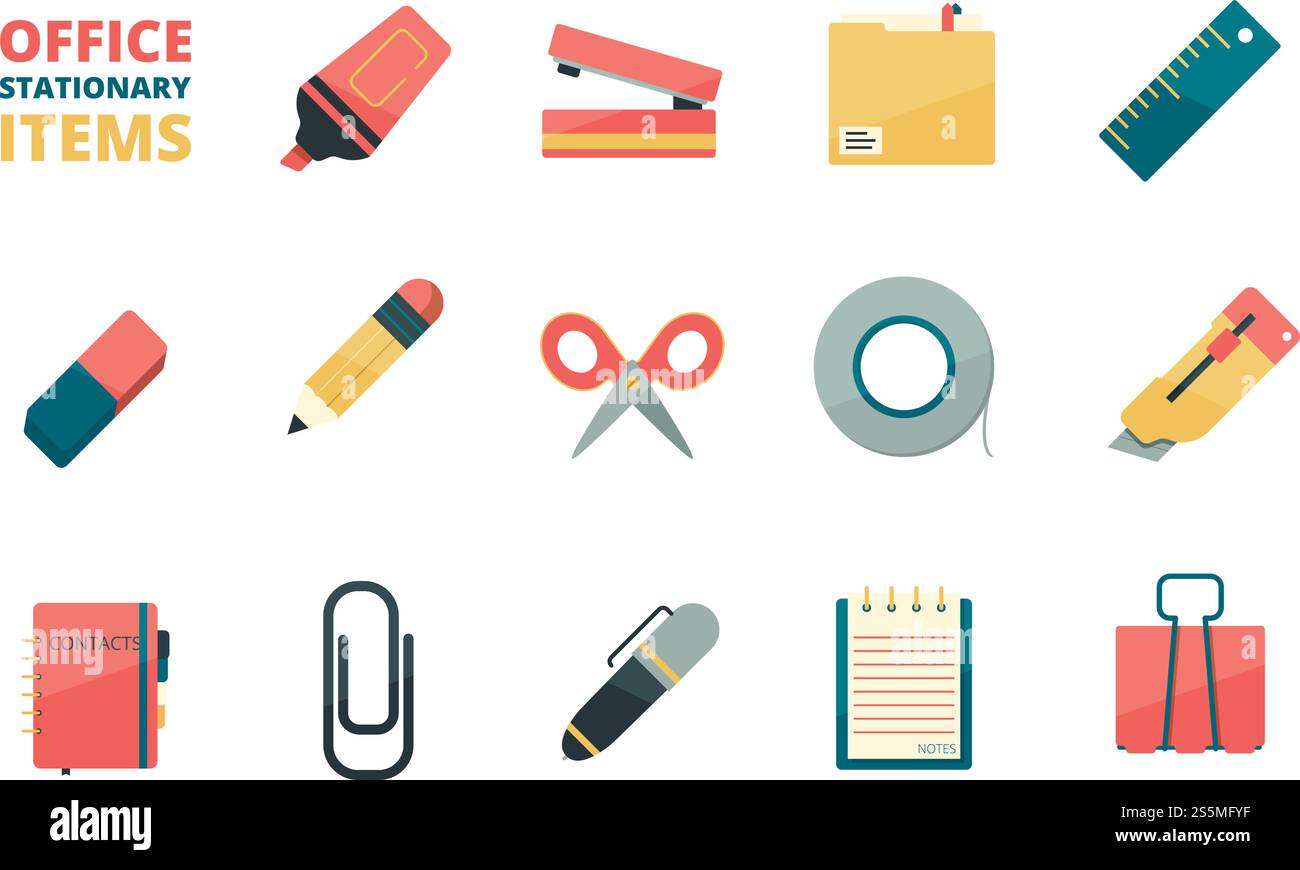 Stationary items. Business office tools paper folder pencil eraser pen ...
