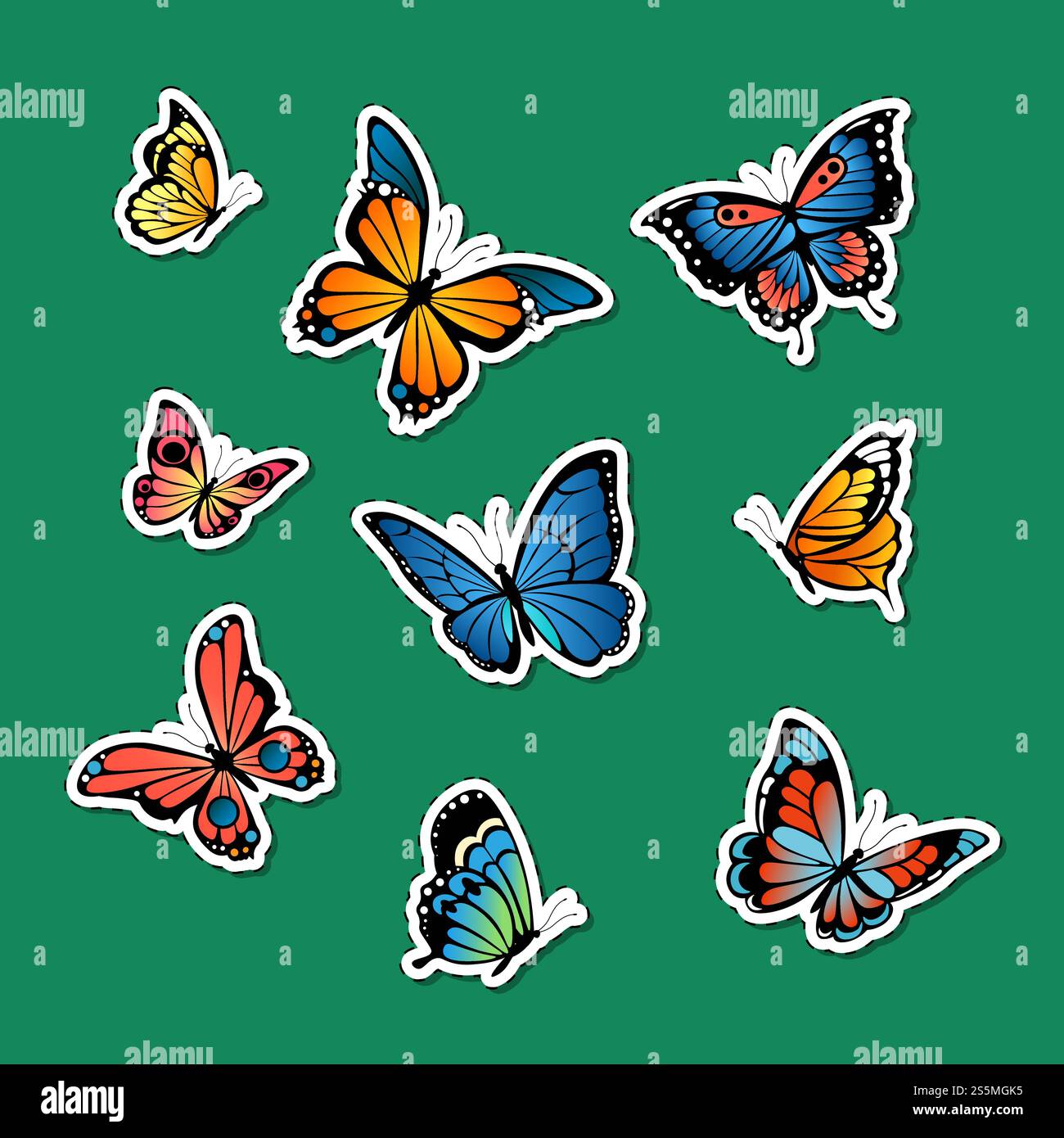 Vector decorative colored butterflies stickers set illustration. Insect ...