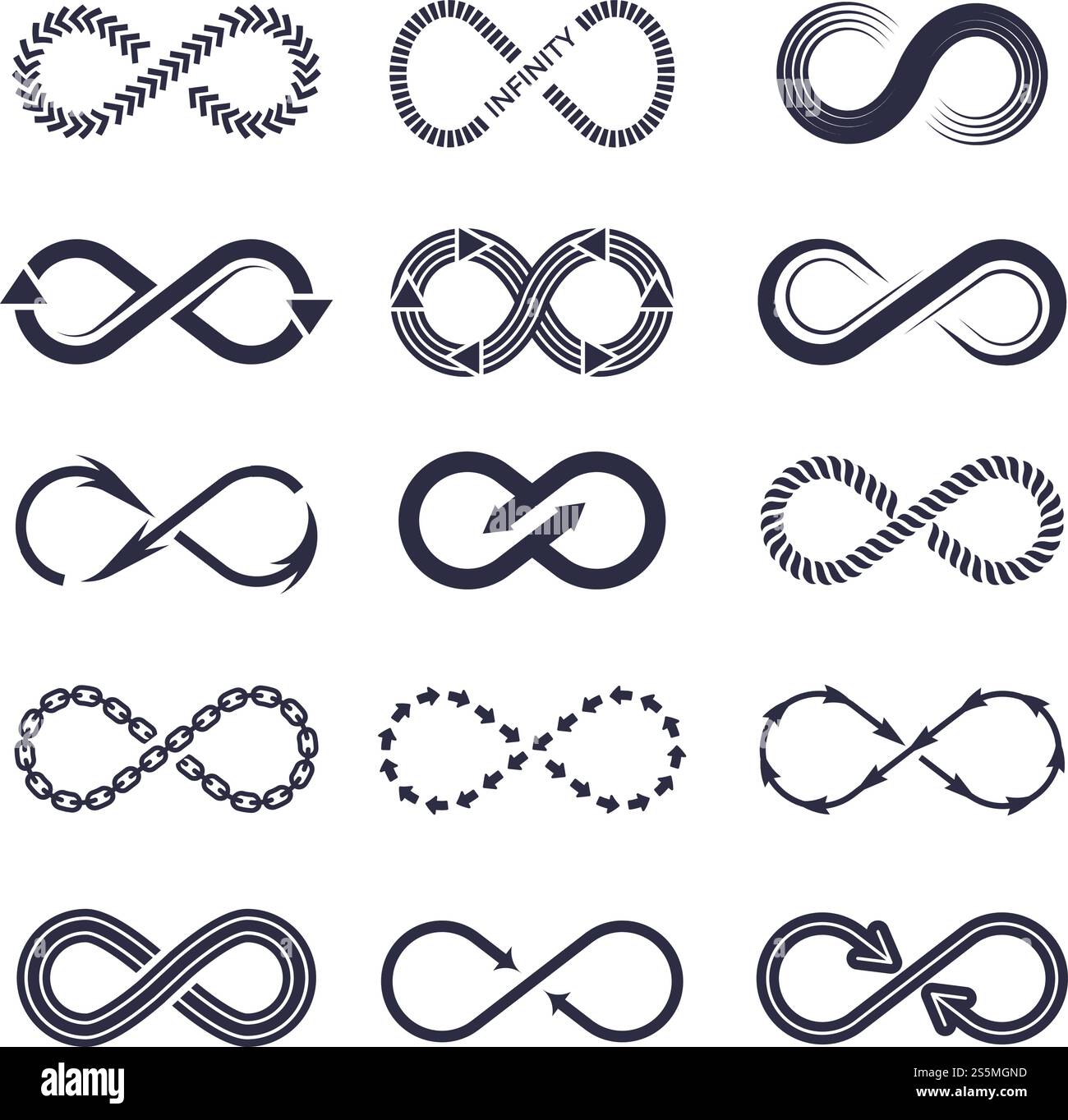 Eternity symbols. Vector monochrome icon collection of infinity ...