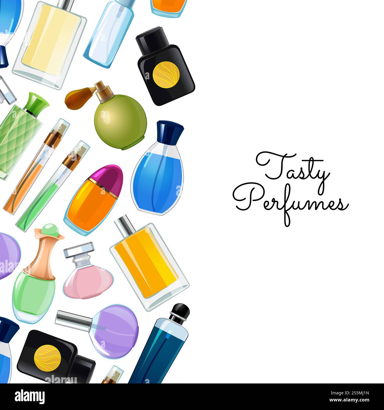 Vector poster with colored perfume bottles background illustration for ...