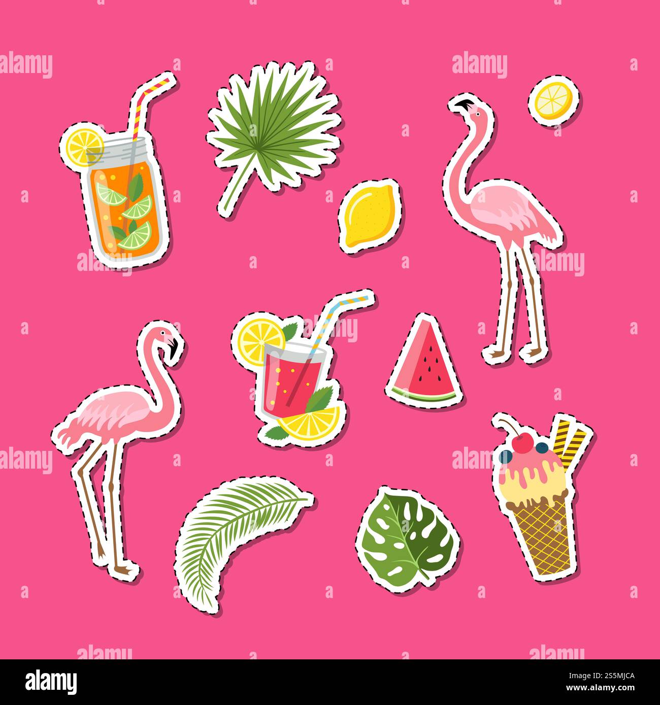 Vector flat cute summer elements, cocktails, flamingo, palm leaves ...