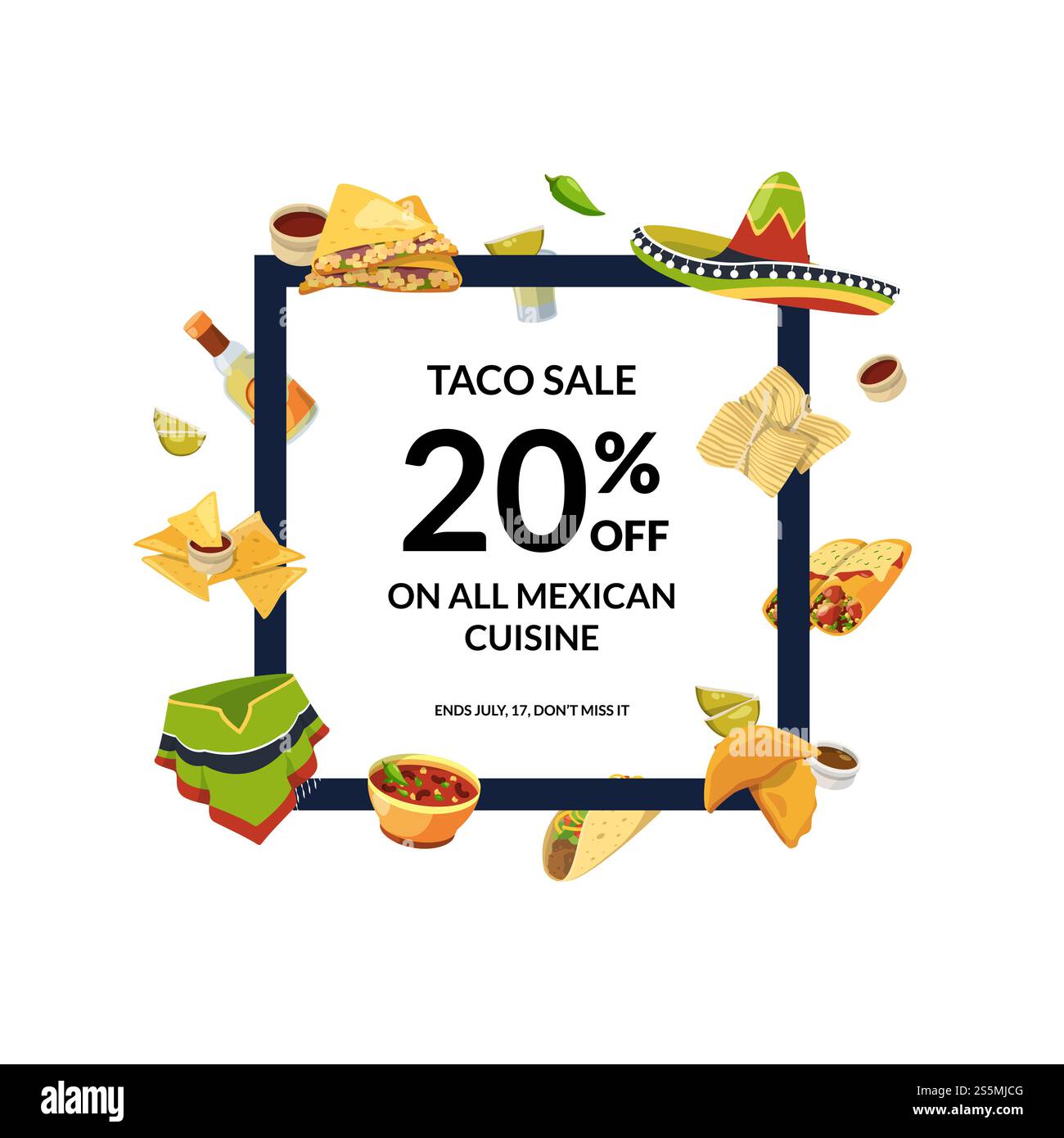 Vector cartoon mexican food flying around frame with place for text ...